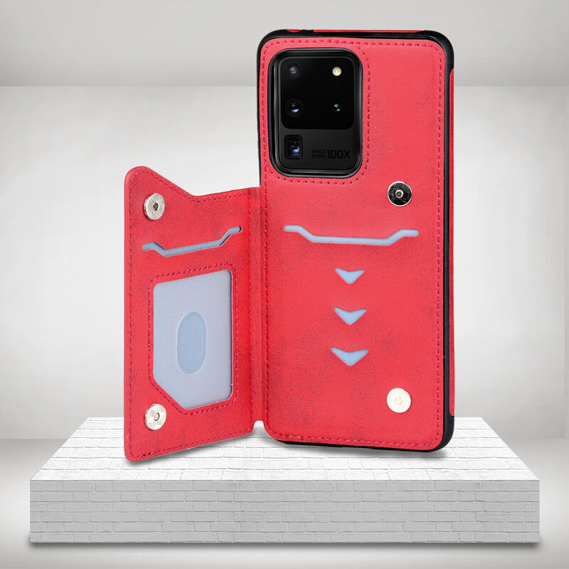 Samsung Galaxy S20 Ultra Kılıf Kırmızı Zebana Gorra Cüzdanlı Kılıf